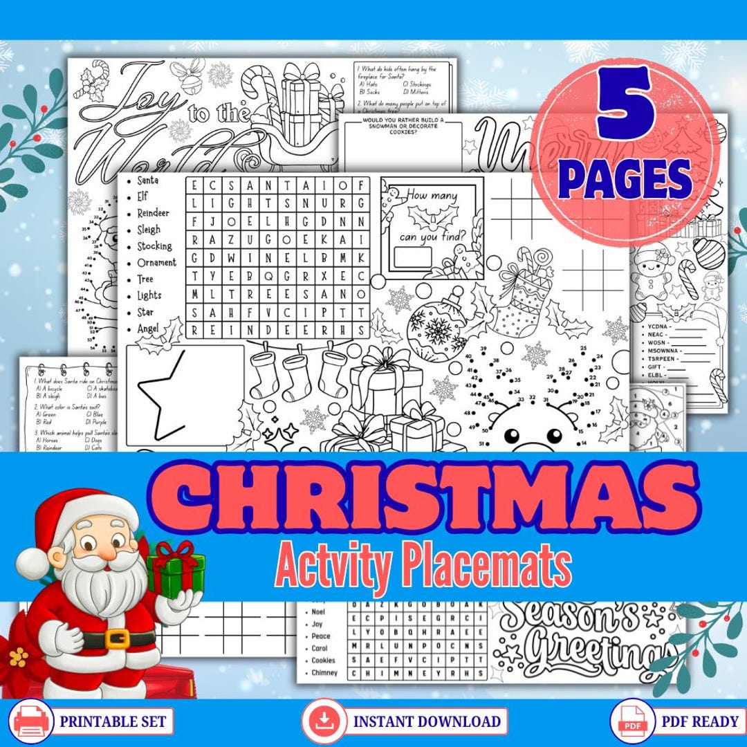 Christmas Activity Placemats for Kids | Holiday Coloring Games, Word ...