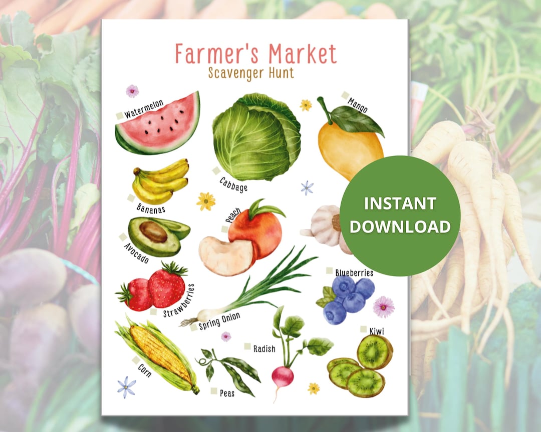 Farmer’s Market Scavenger Hunt for Kids, Printable Fruit & Vegetable ...
