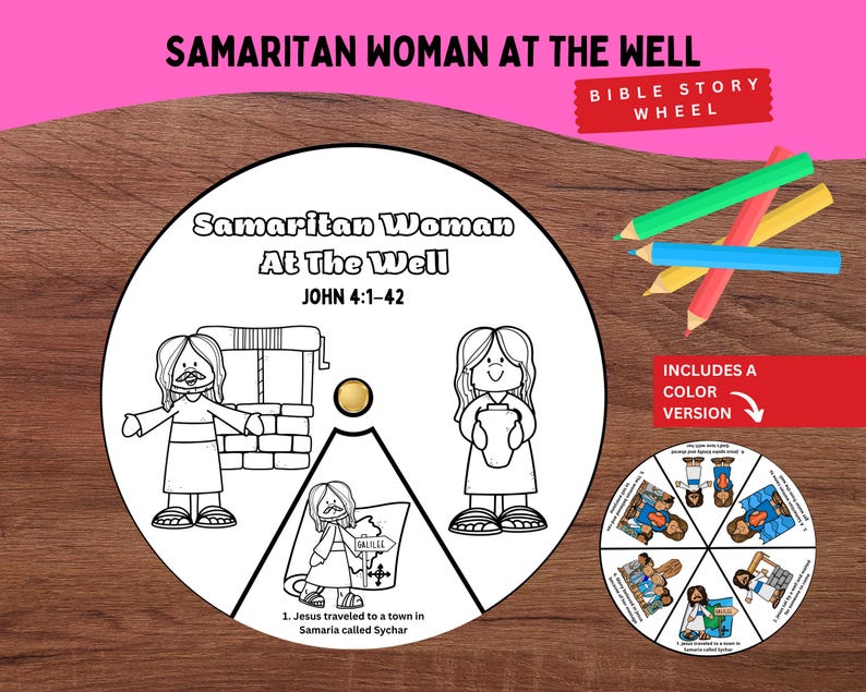 Samaritan Woman at the Well Coloring Wheel Printable, John 4:1–42 Bible ...