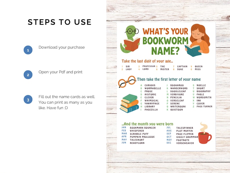 What’s Your Bookworm Name Printable Game, Reading Party Activity for ...