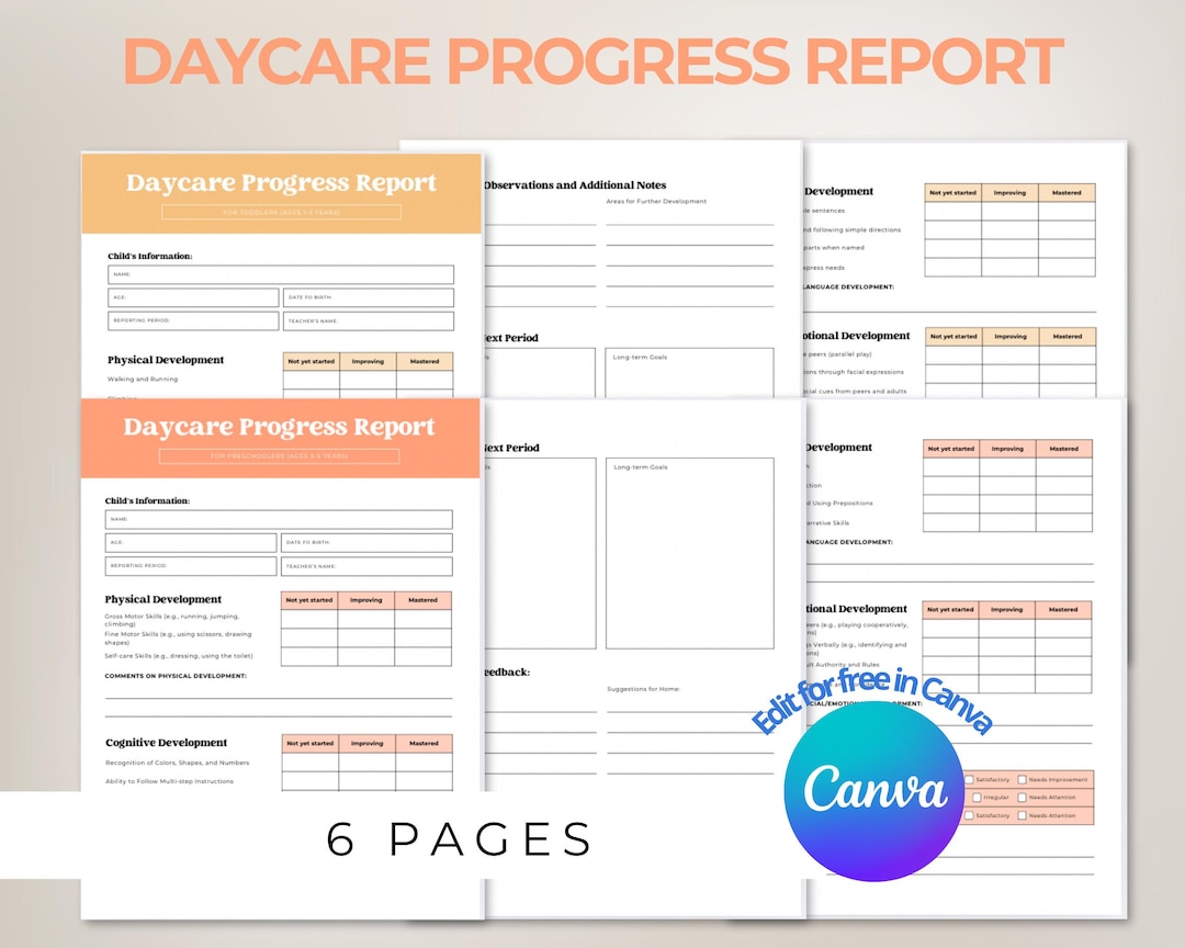 Daycare Progress Report for Toddlers & Preschoolers (ages 1-5 ...