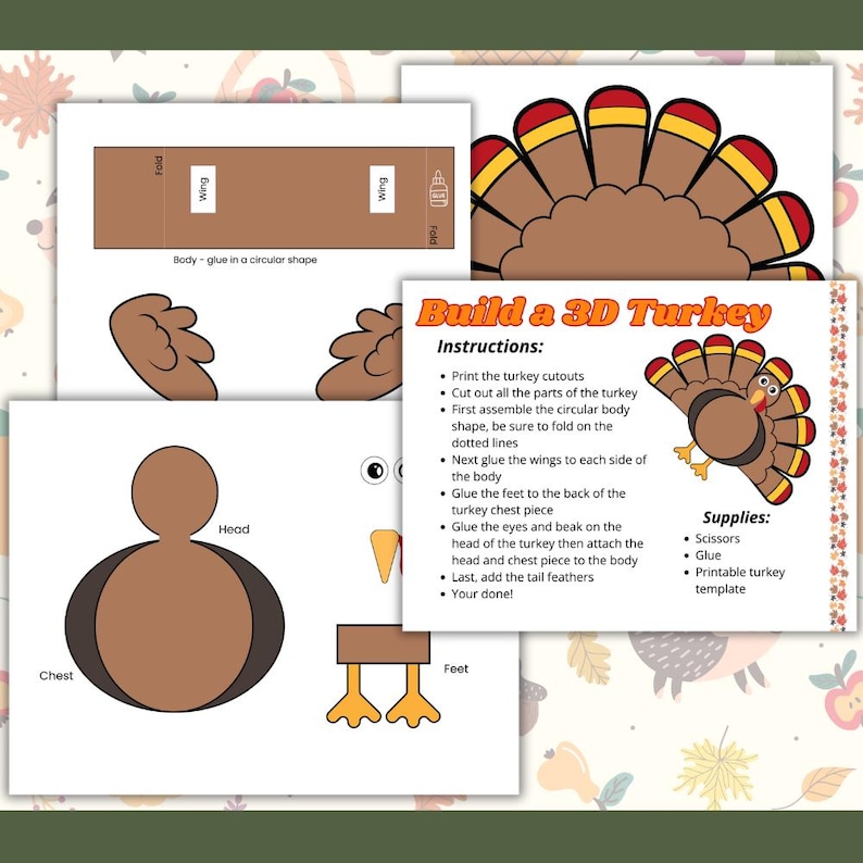 Build a 3D Turkey Printable Craft, Thanksgiving Activity, Kids DIY ...