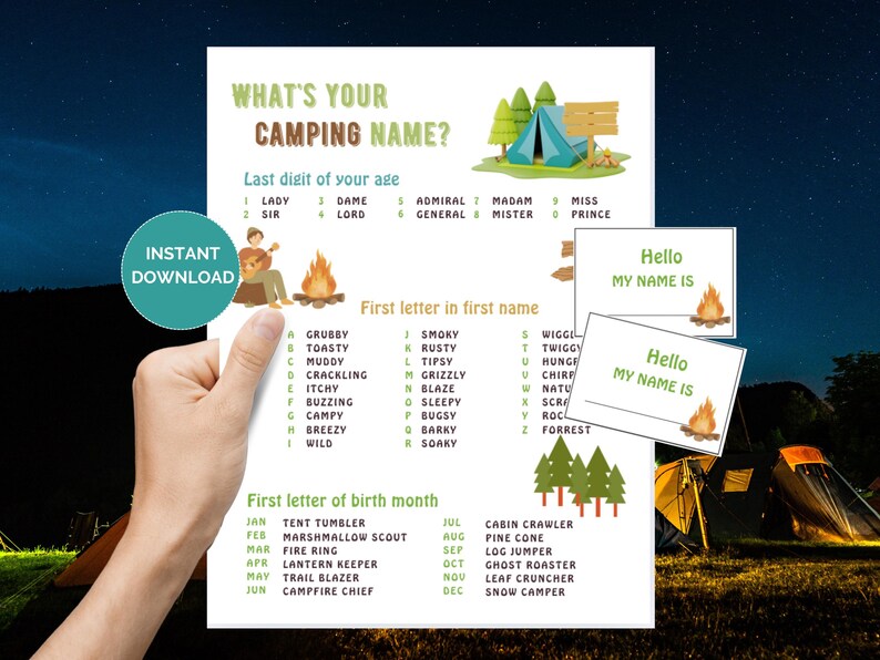 What's Your Camping Name Game, Printable Campfire Name Tags, Summer ...