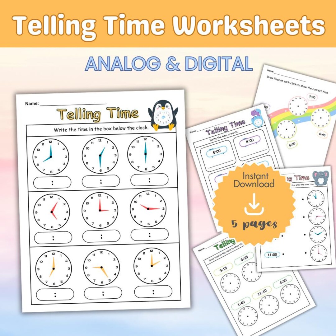 Telling Time Worksheets, 5 Pages | Analog & Digital Clock Practice ...