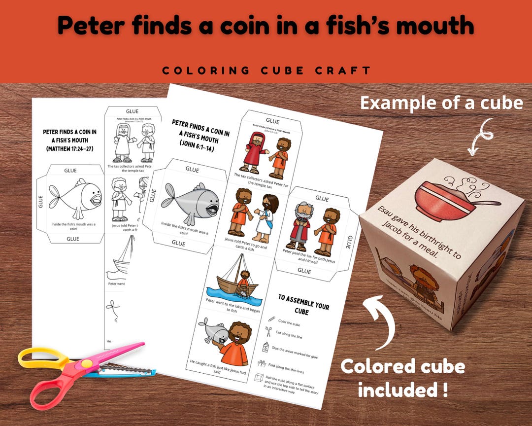Peter Finds a Coin in a Fish's Mouth Bible Story Cube, Printable Craft ...