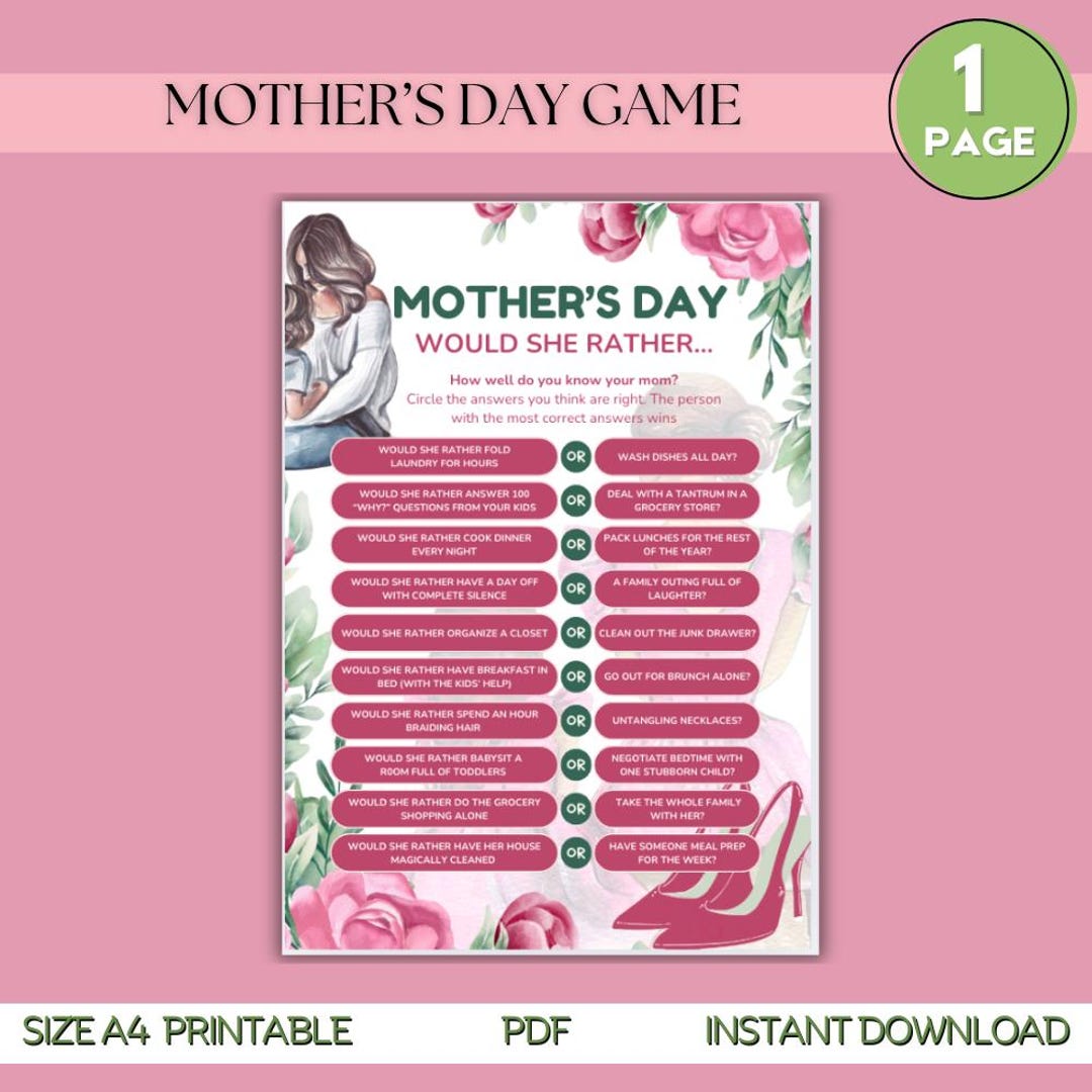 Mother's Day Game | Would She Rather | Printable PDF | A4 Size | Fun ...