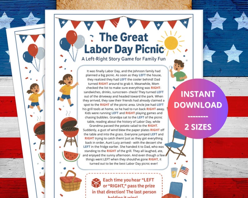 Labor Day Left Right Game Printable – Picnic Party Story Game for Kids ...