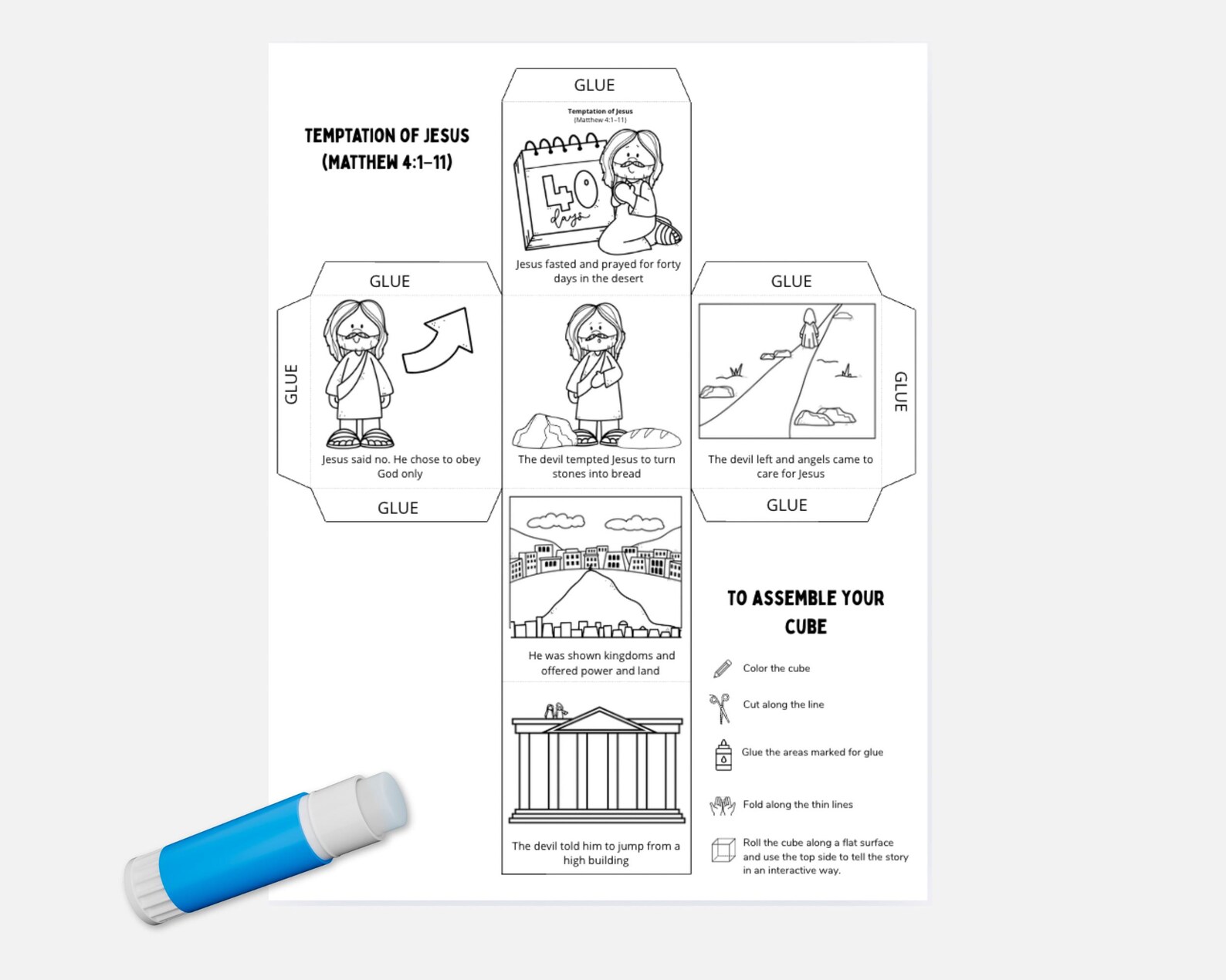 Temptation of Jesus Bible Story Cube | Matthew 4:1–11 | Printable Kids ...