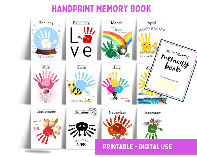 Handprint Memory Book Printable | 12 Months Handprint Art Plus Cover ...