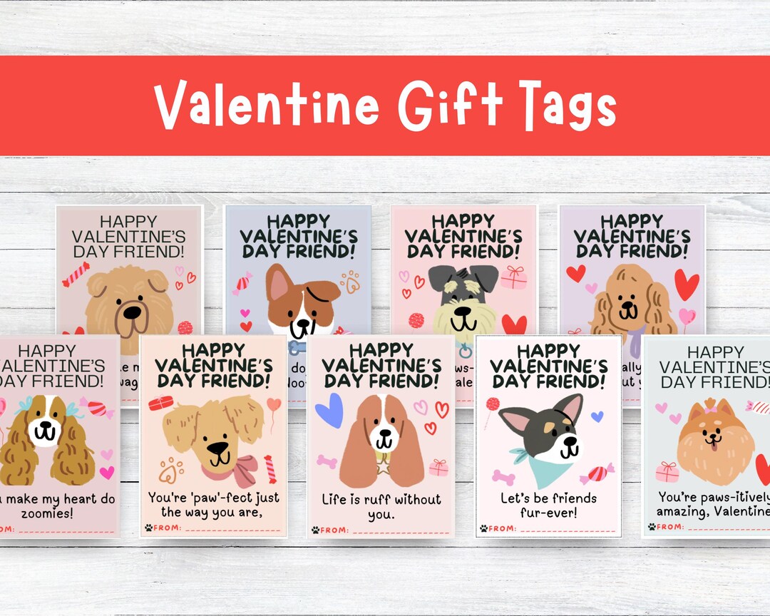 Cute Puppy Valentine Tags for Kids Classroom Gifts, Dog-themed ...
