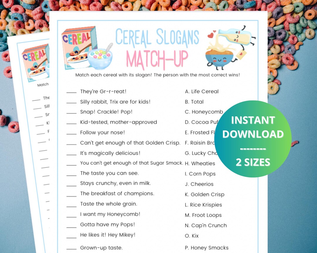 Cereal Slogan Match up Game for Kids and Adults | Fun Breakfast Party ...