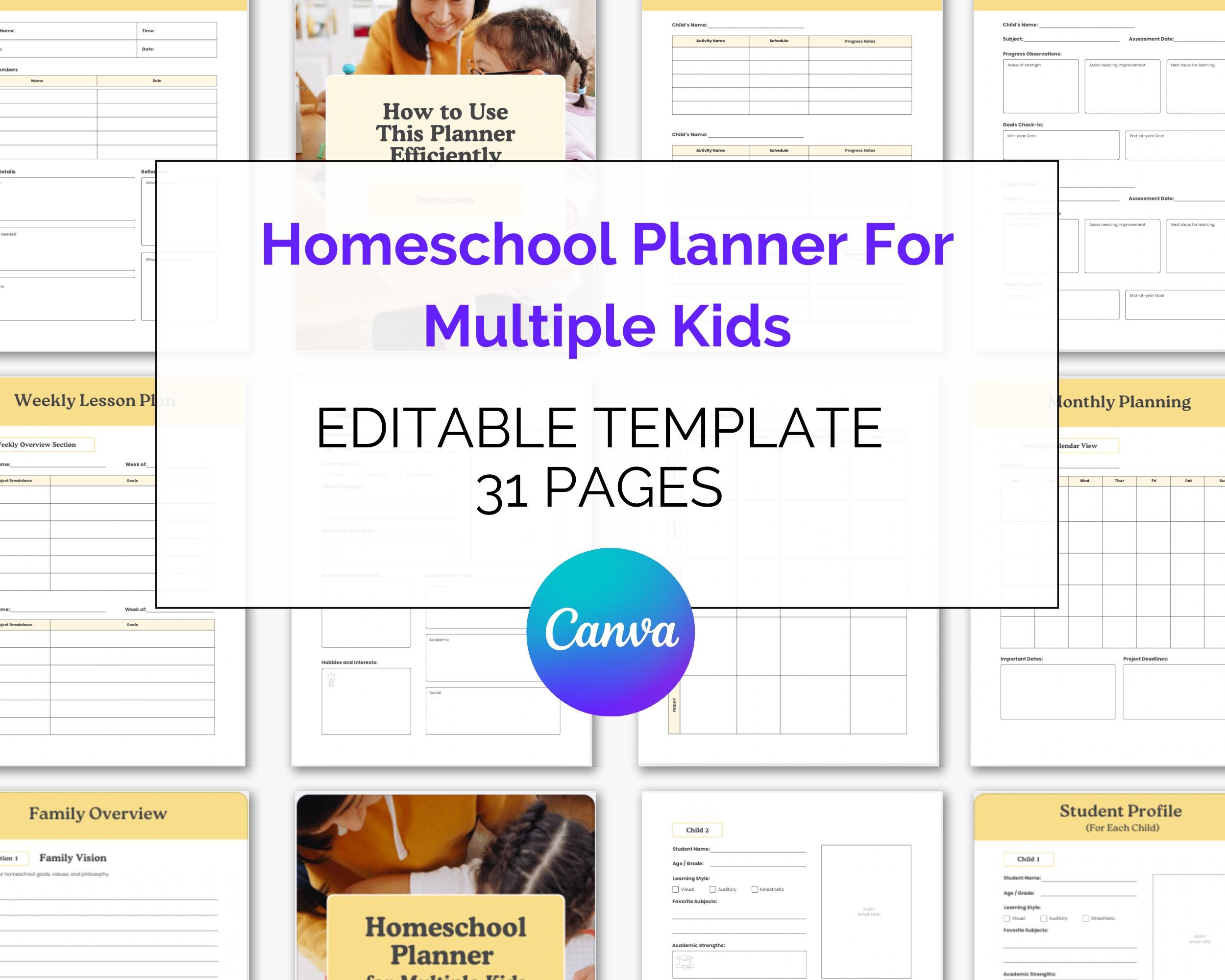 Homeschool Planner for Multiple Kids, Editable in Canva, Complete ...