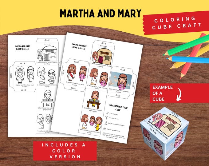 Martha and Mary Coloring Cube | Luke 10:38–42 Bible Story Printable for ...