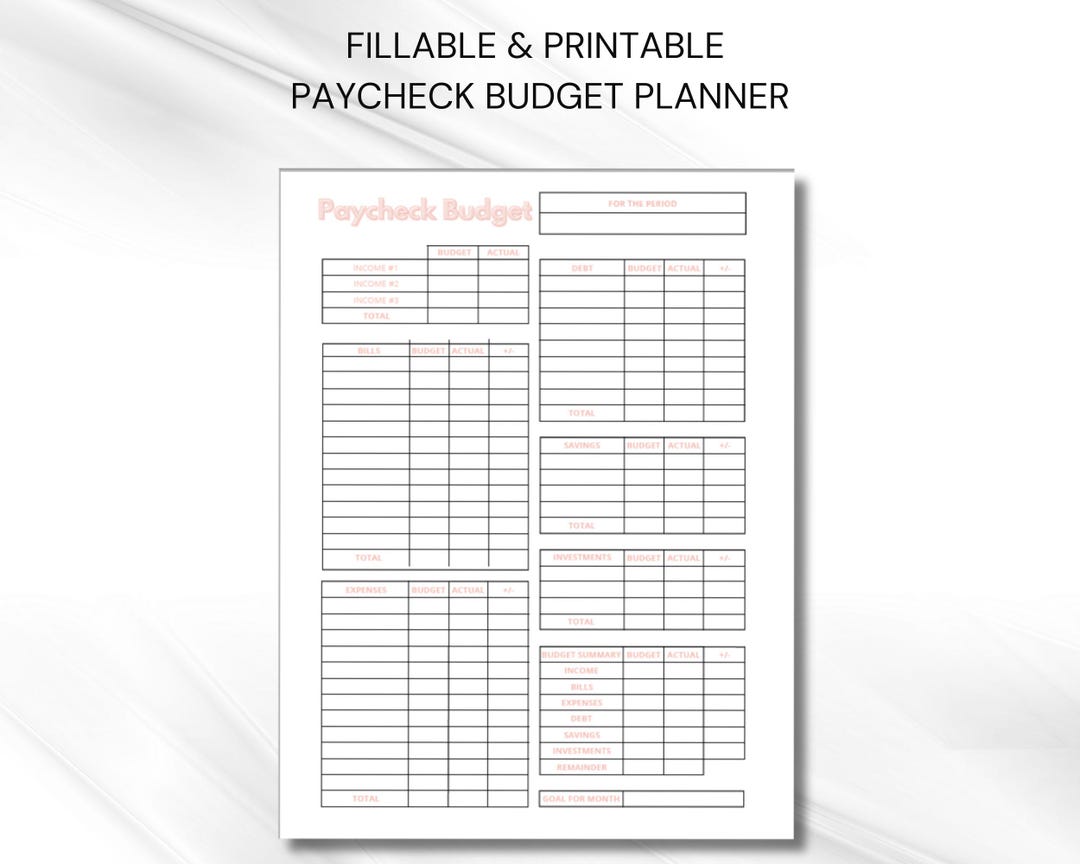 Printable Fillable Paycheck Budget Planner, Paycheck Budget Tracker ...
