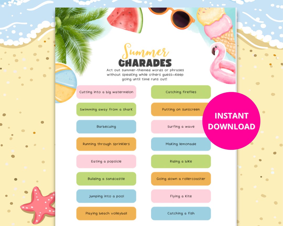 Summer Charades Game for Kids and Adults, Fun Summer Party Activity ...