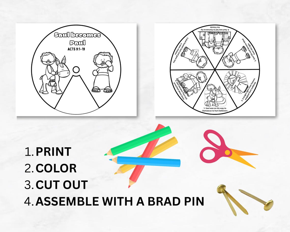 Saul to Paul Coloring Wheel Printable, Road to Damascus Bible Story ...