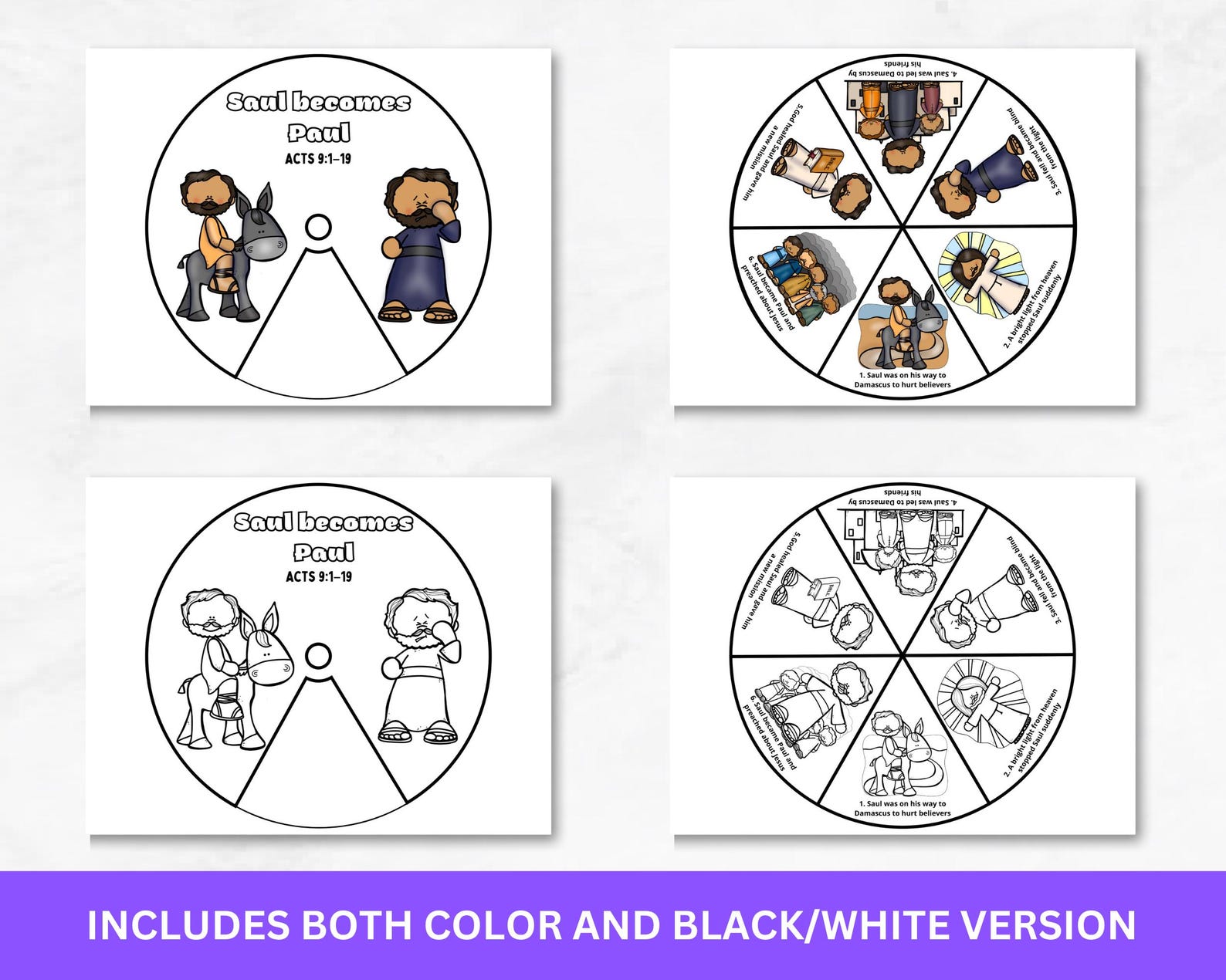 Saul to Paul Coloring Wheel Printable, Road to Damascus Bible Story ...