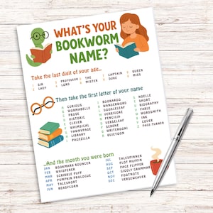 What’s Your Bookworm Name Printable Game, Reading Party Activity for ...