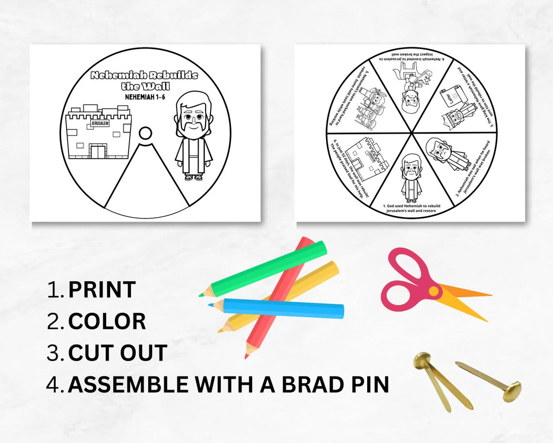 Nehemiah Rebuilds the Wall Coloring Wheel, Nehemiah Bible Story for ...
