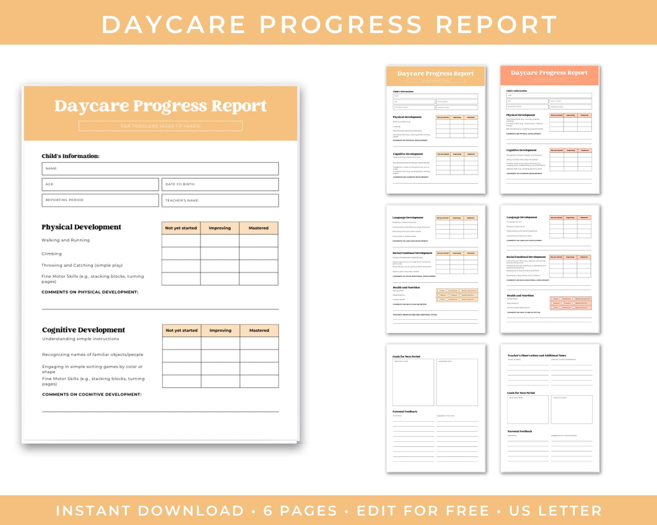 Daycare Progress Report for Toddlers & Preschoolers (ages 1-5 ...