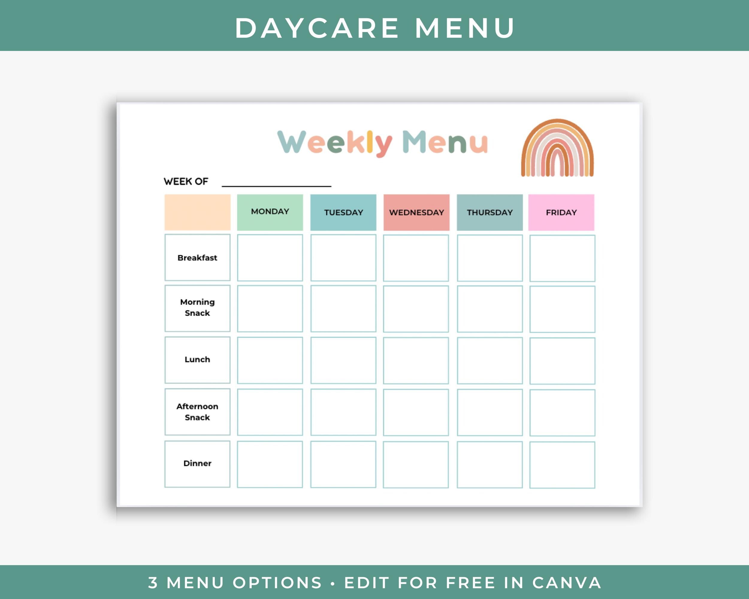 Daycare Weekly Menu Printable, Daycare Meal Menu, Editable Menu ...