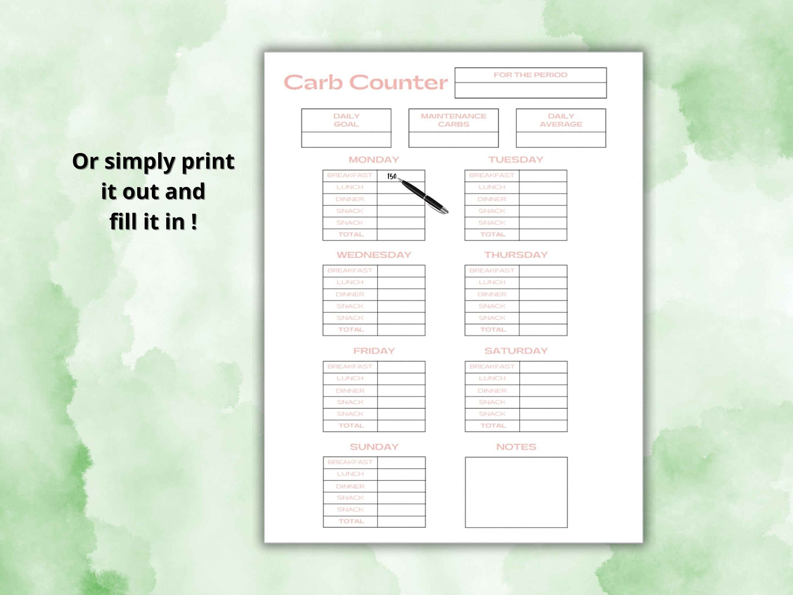 Fillable and Printable Carb Counter PDF: Carbohydrate Tracker, Keto ...