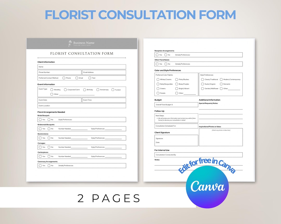 Florist Consultation Form | Printable Florist Client Intake | Wedding ...
