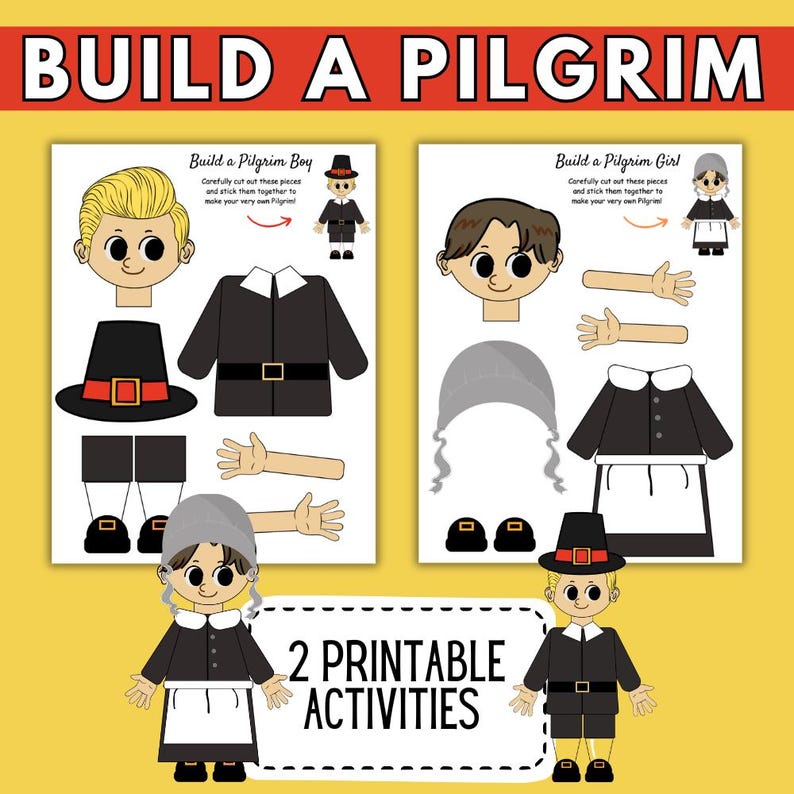 Build a Pilgrim Craft for Kids, Cut and Paste Thanksgiving Activity ...