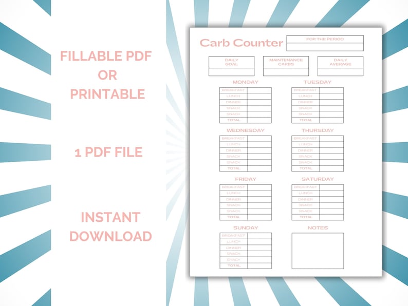 Fillable and Printable Carb Counter PDF: Carbohydrate Tracker, Keto ...