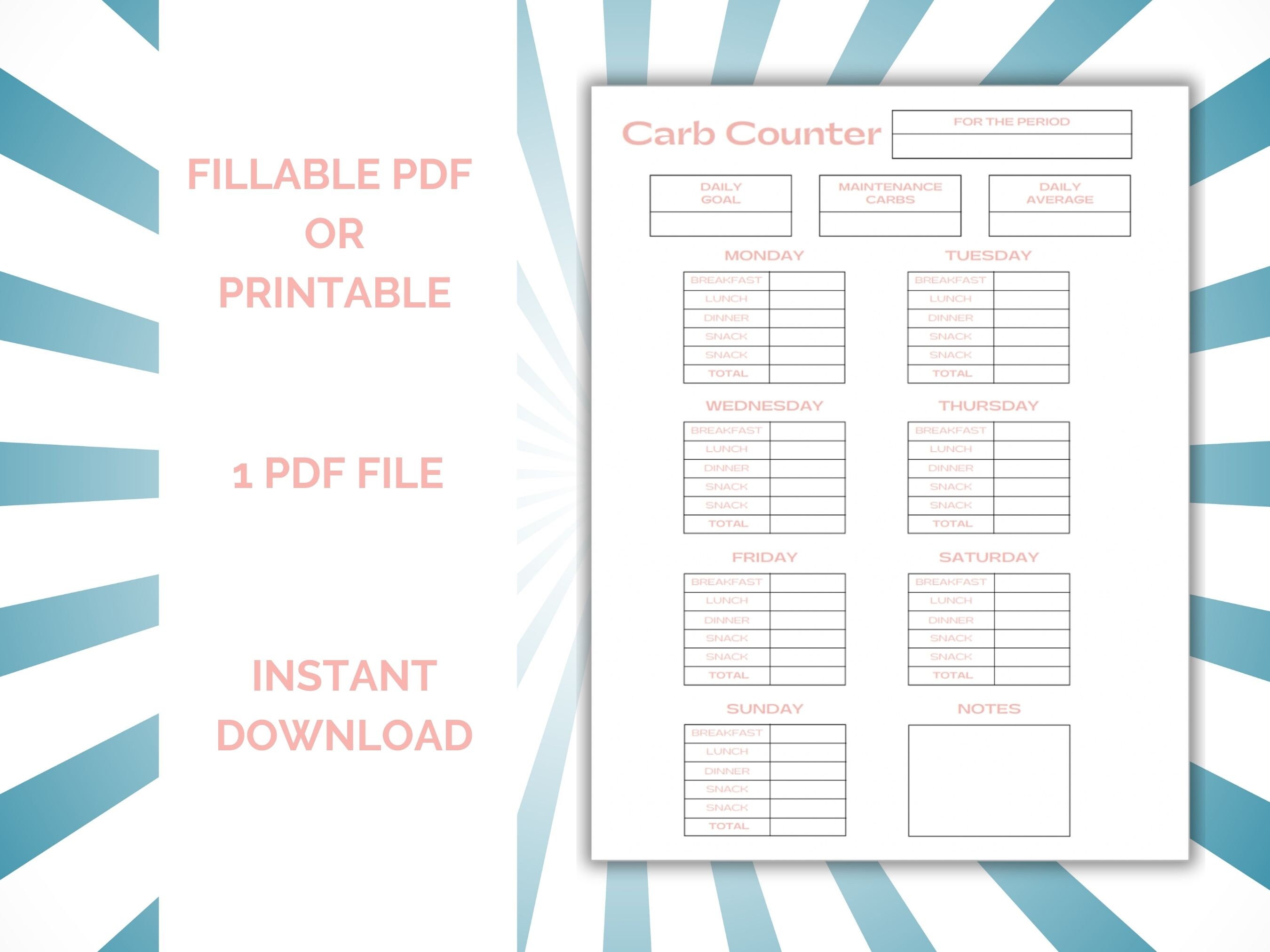 Fillable and Printable Carb Counter PDF: Carbohydrate Tracker, Keto ...