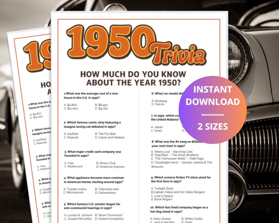 1950 Trivia Printable Game for Adults, Retro Party Quiz, 10 Questions With Answer Key, Fun 1950s ...