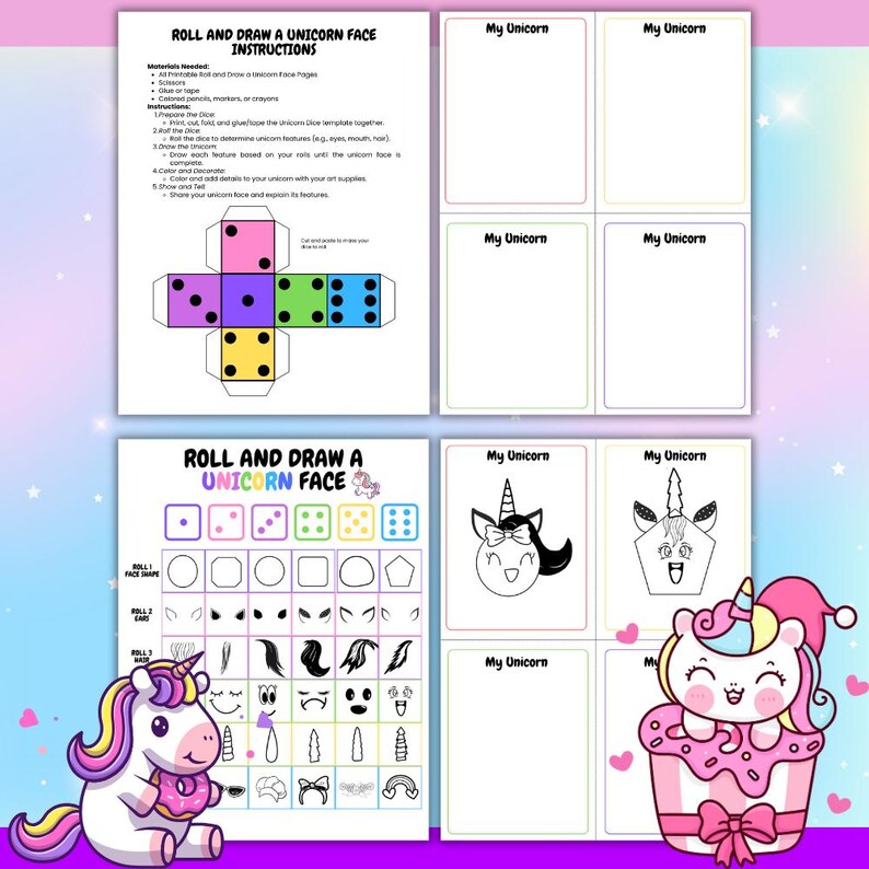 Roll and Draw a Unicorn Game Printable, Fun Dice Drawing Activity for ...