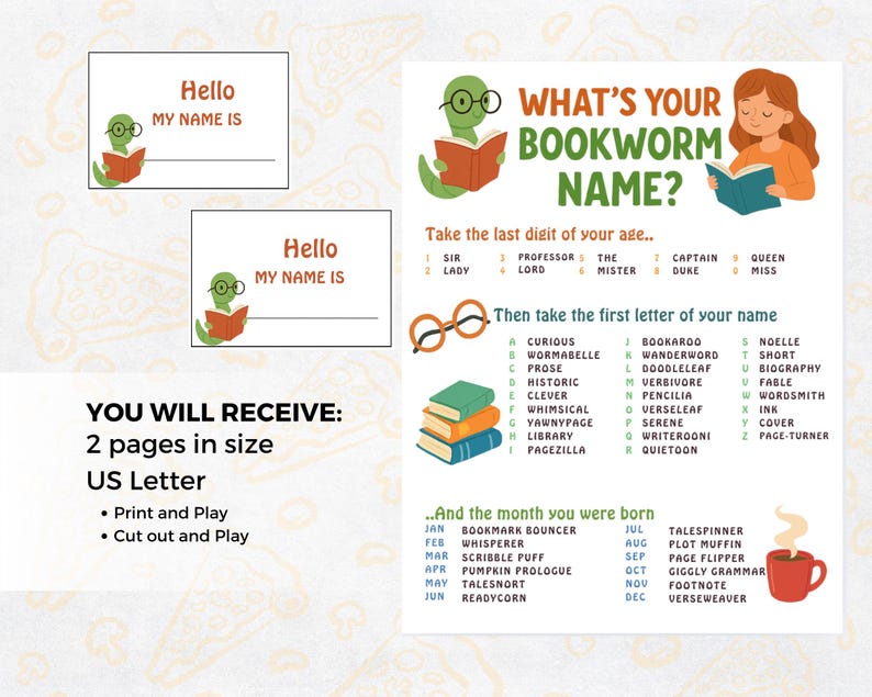 What’s Your Bookworm Name Printable Game, Reading Party Activity for ...