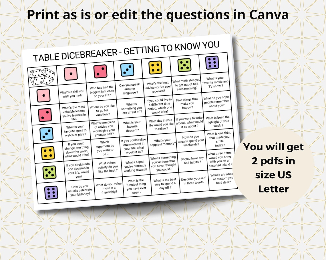 Editable Dicebreaker Game for All Ages, Getting to Know You, Icebreaker ...