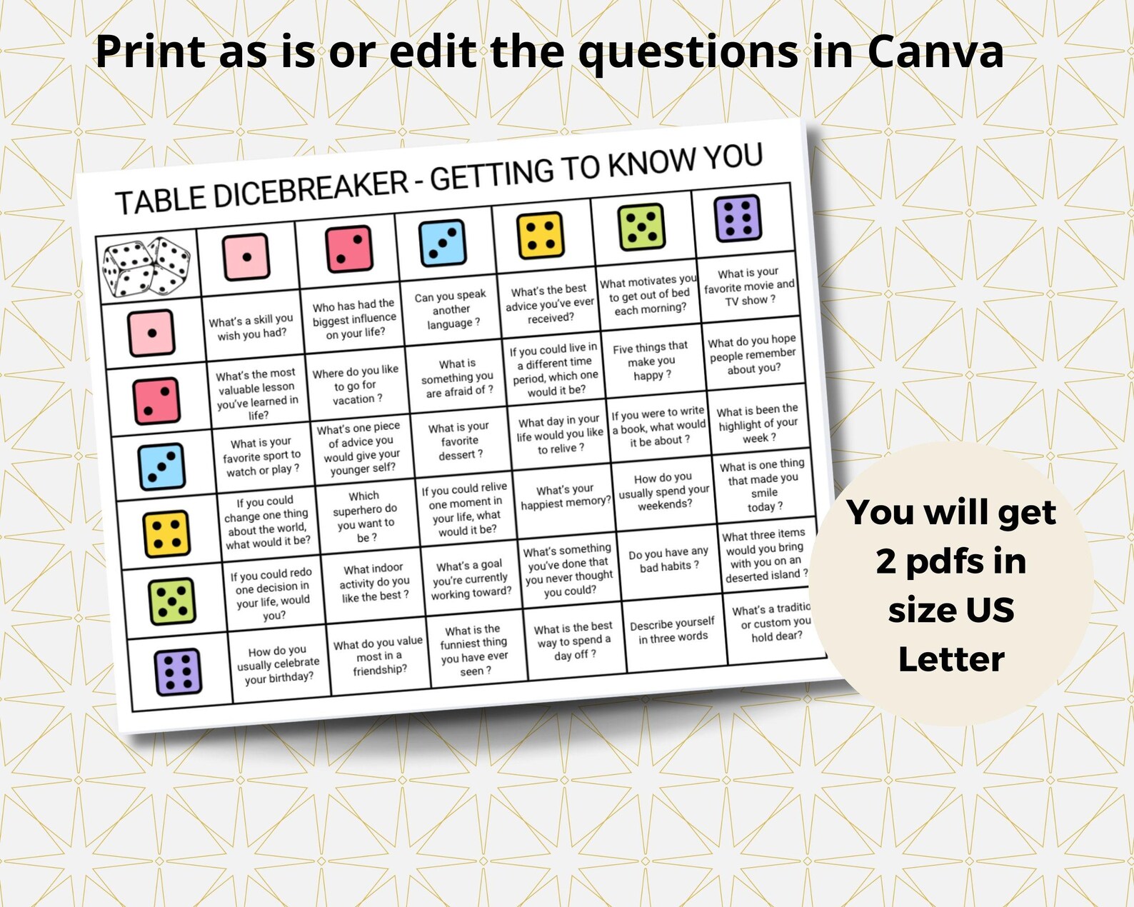 Editable Dicebreaker Game for All Ages, Getting to Know You, Icebreaker ...