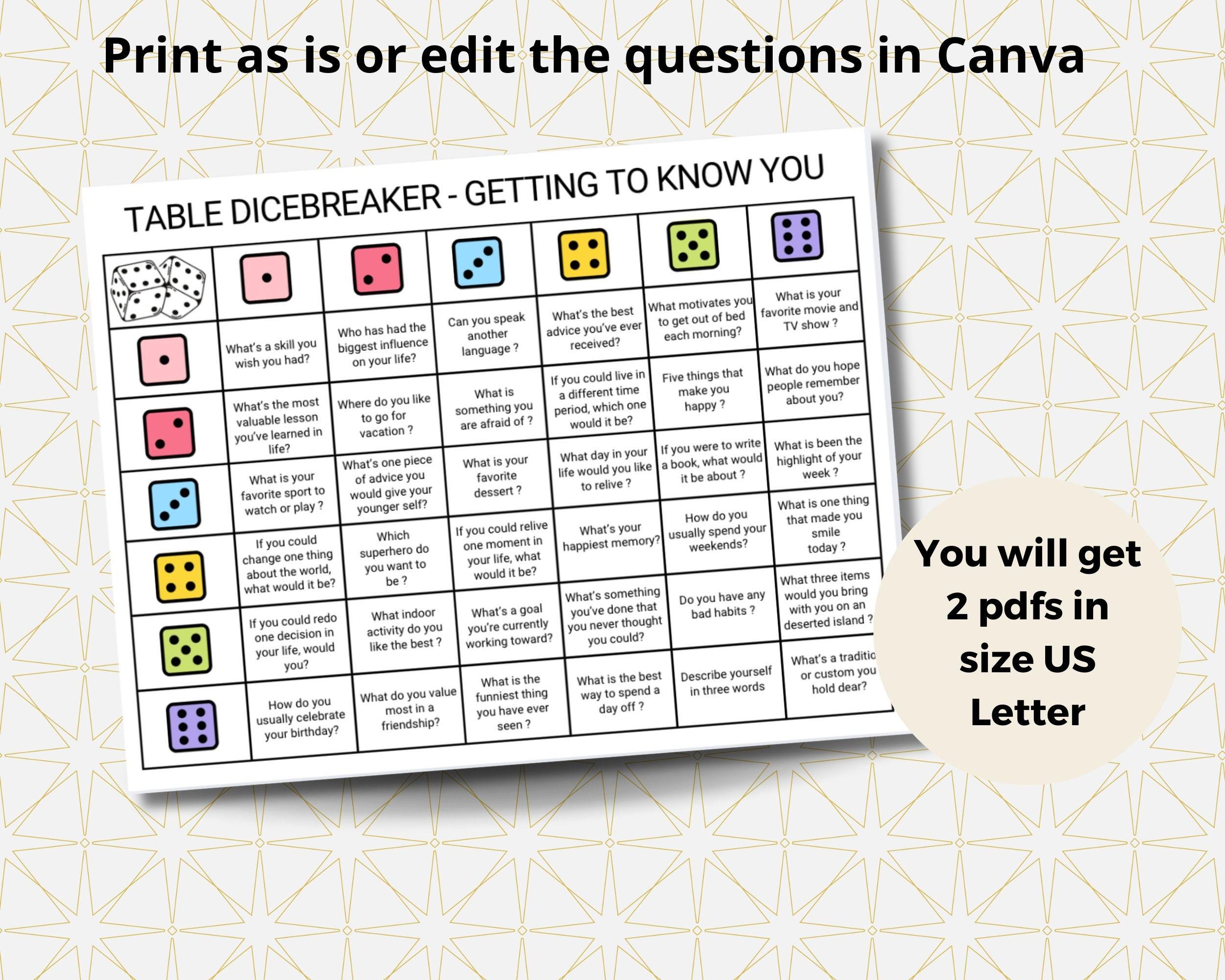 Editable Dicebreaker Game for All Ages, Getting to Know You, Icebreaker ...