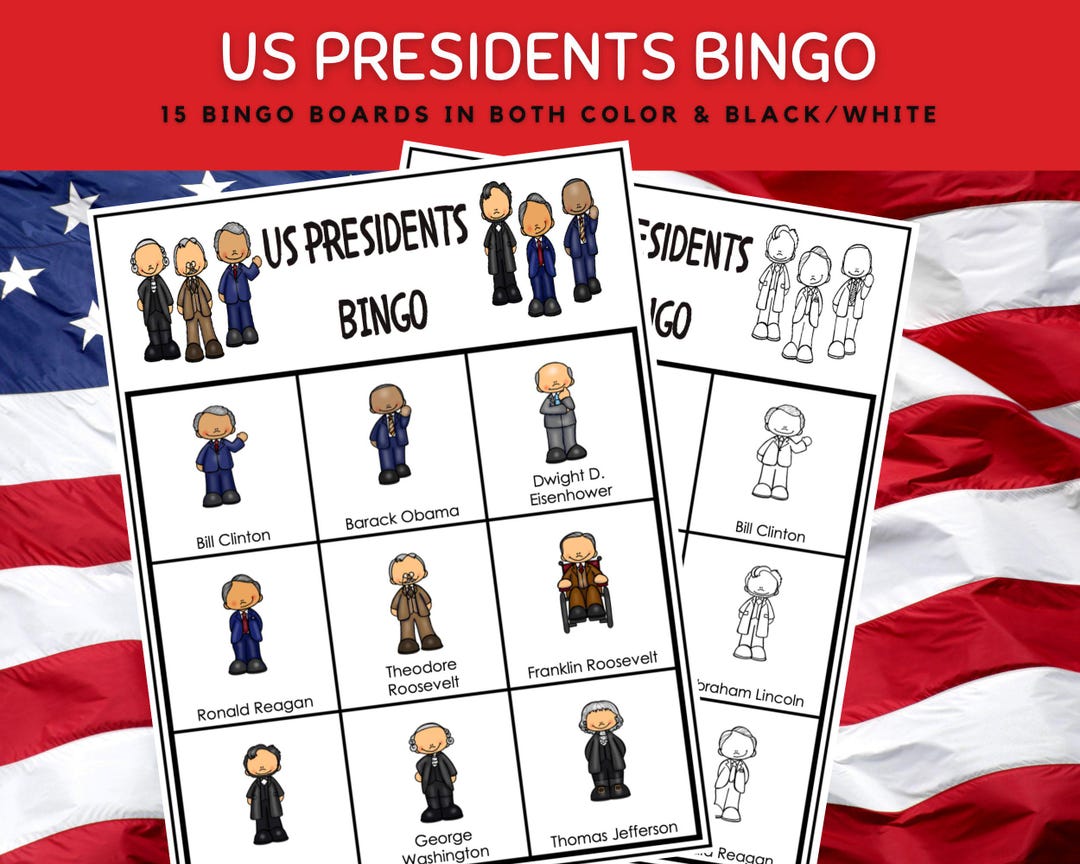 US Presidents Bingo, 15 President Bingo Cards, President's Day Bingo ...