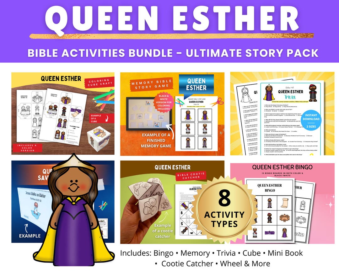 Queen Esther Bible Activities Bundle for Kids – Bingo Memory Trivia ...
