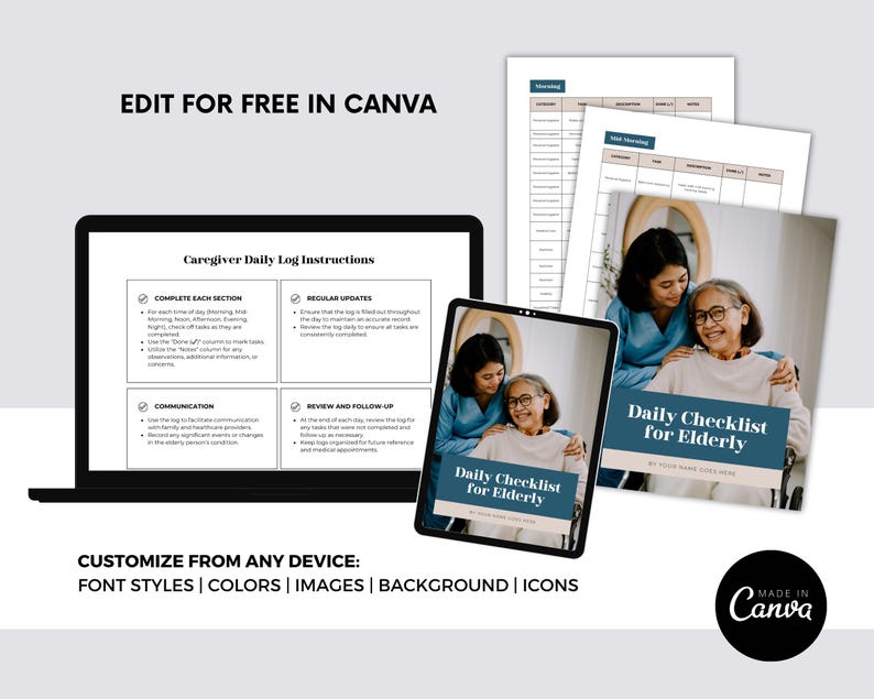 Daily Elderly Care Log Template for Caregivers, Editable Senior Daily ...