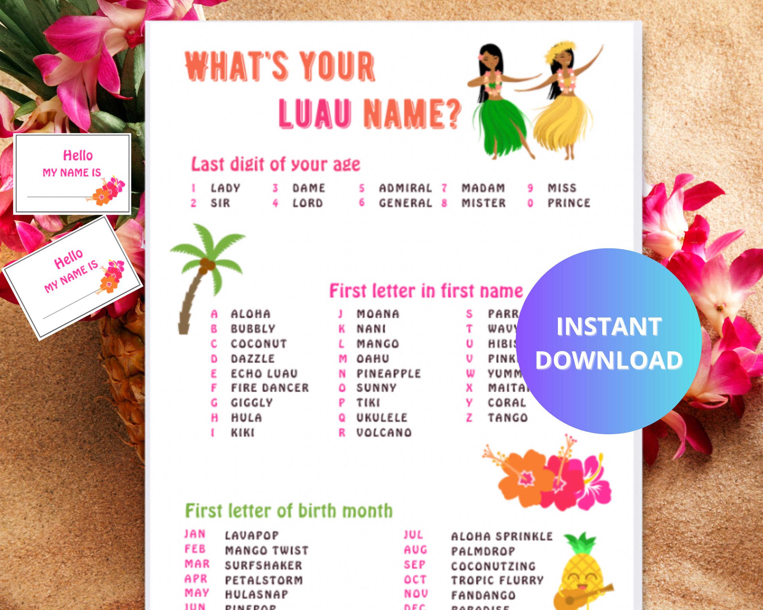 Tropical Luau Name Game Printable, Funny Hawaiian Name Tags, Summer ...