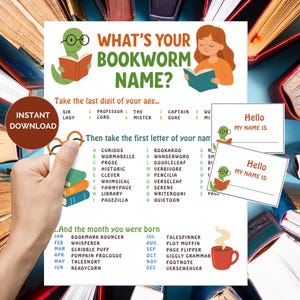 What’s Your Bookworm Name Printable Game, Reading Party Activity for ...