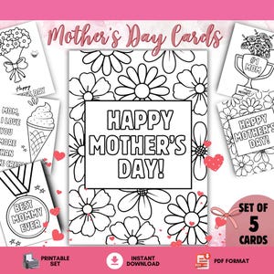 Mother's Day Coloring Cards (set of 5) - Printable DIY Cards, Kids ...