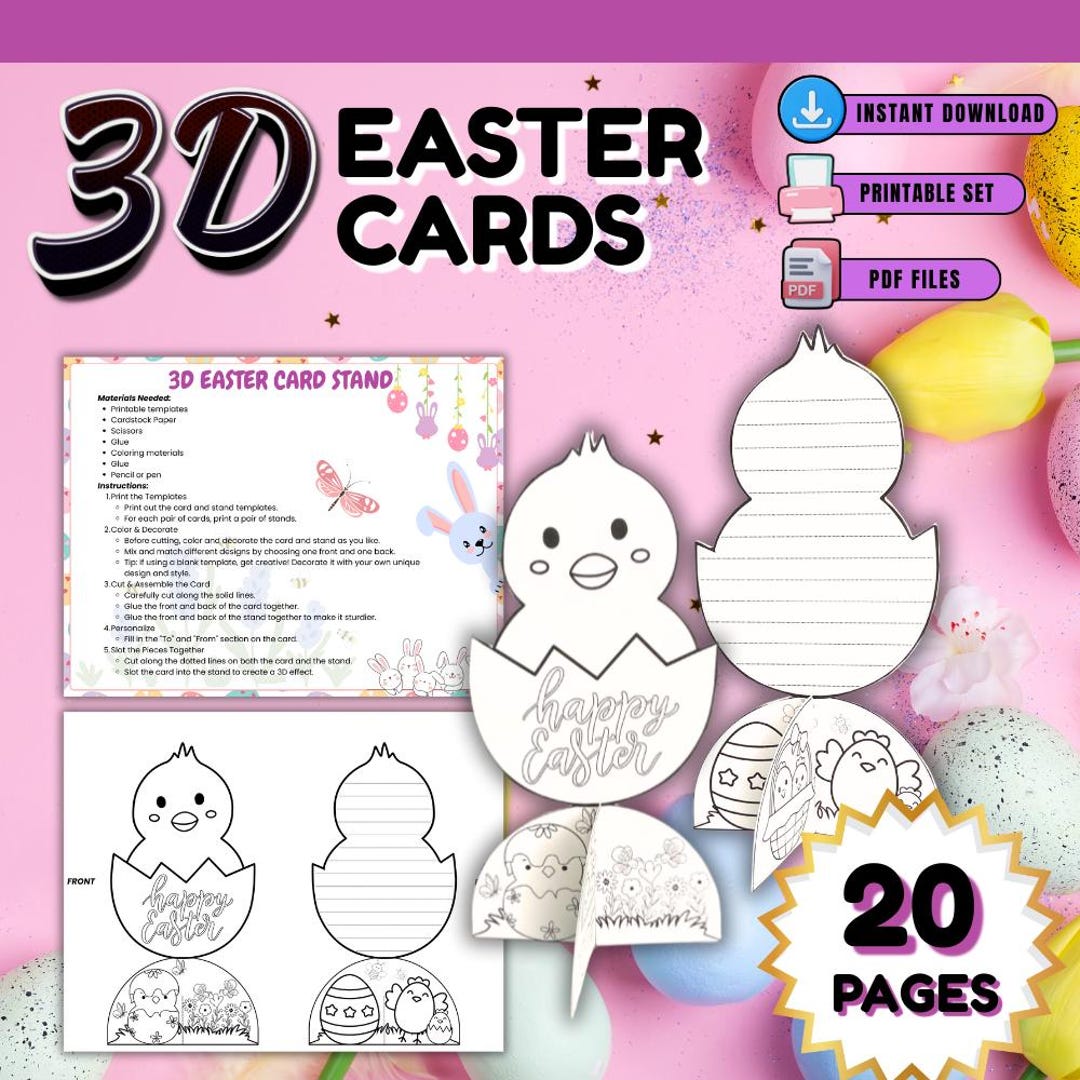 3D Easter Cards Printable - 20 Coloring Pages, Kids Craft, DIY Easter ...