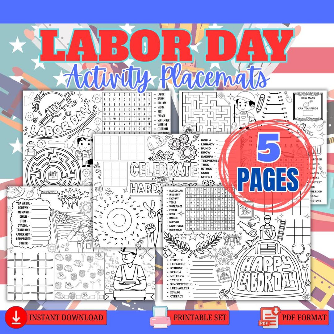 Labor Day Coloring Placemats for Kids With Games, Mazes, Word Search ...