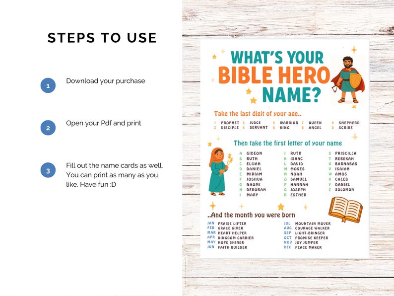 Bible Hero Name Game Printable With Nametags, Christian Name Generator ...