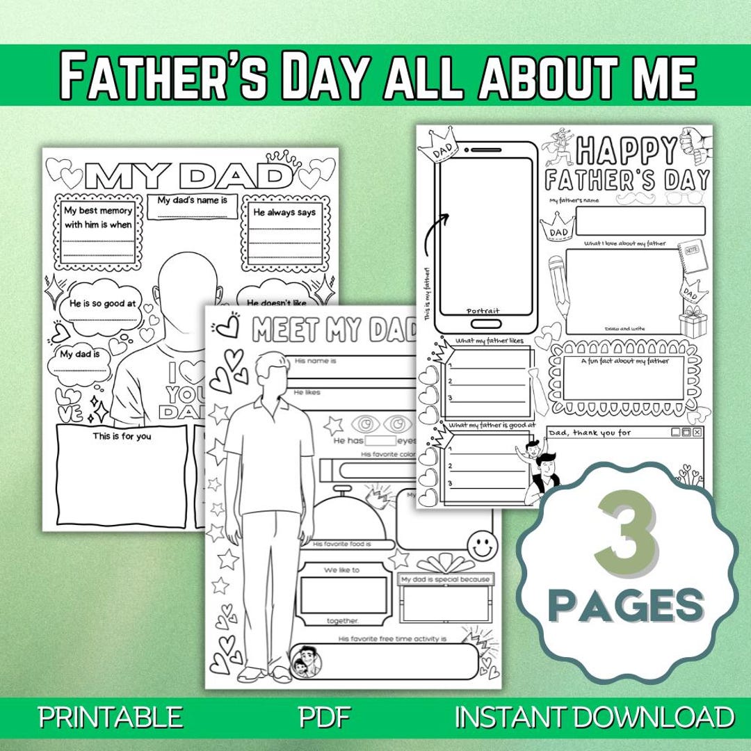 Father's Day All About Me Worksheet | 3 Printable Pages | DIY Dad Gift ...