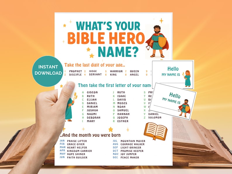 Bible Hero Name Game Printable With Nametags, Christian Name Generator ...