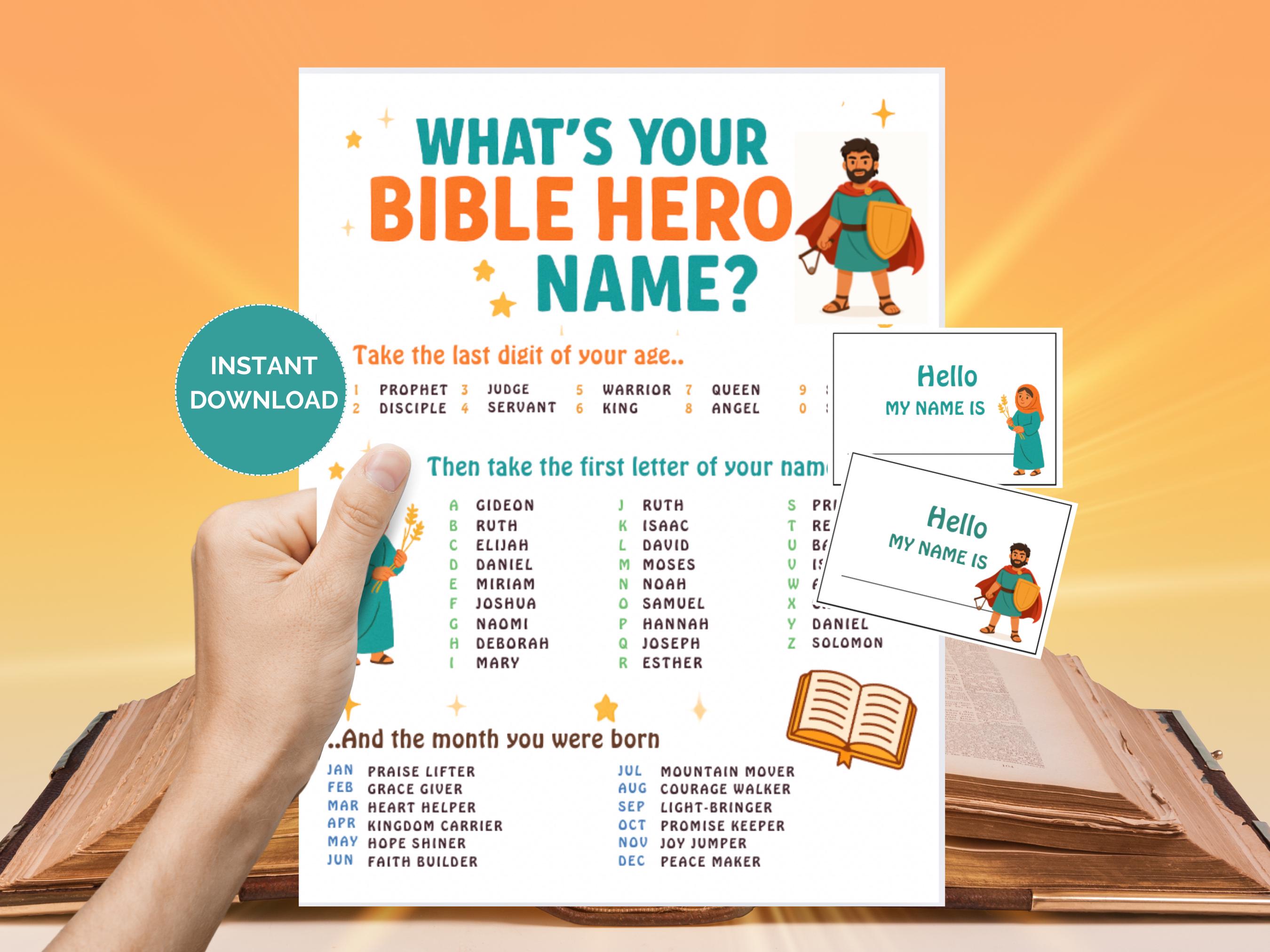 Bible Hero Name Game Printable With Nametags, Christian Name Generator ...