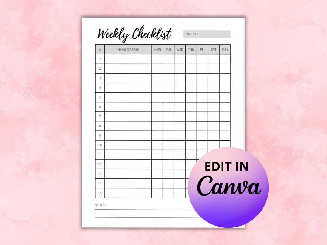 Editable Weekly Checklist Printable, to Do List Template, Editable ...
