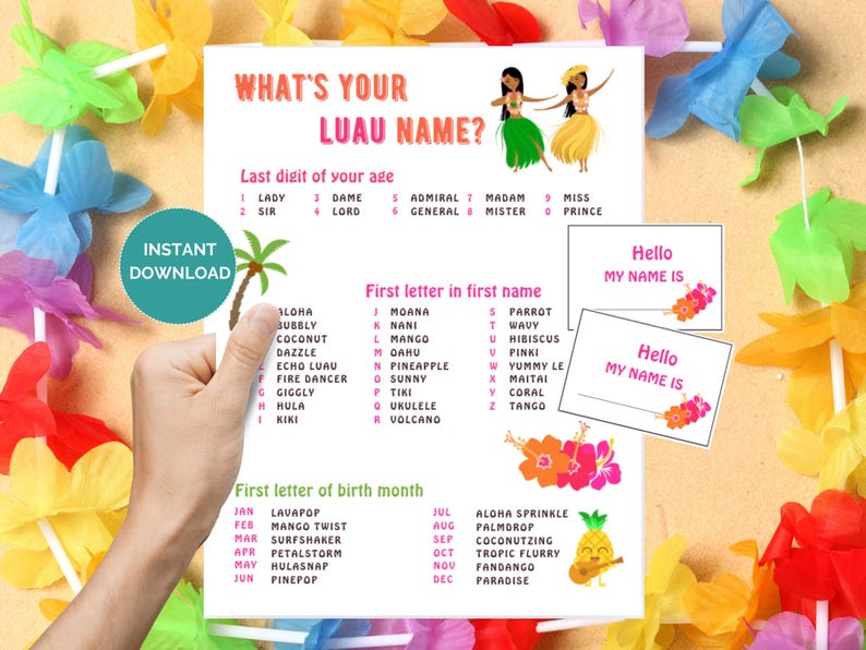 Tropical Luau Name Game Printable, Funny Hawaiian Name Tags, Summer ...